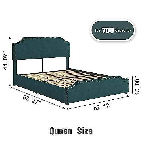 bzbbzc Queen Size Velvet Upholstered Platform Bed Frame with 4 Storage Drawers and Headboard, Rivet Curved Adjustable Headboard/Strong Wooden Slats/Easy Assembly/Green