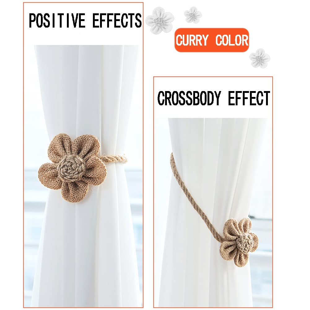 Magnetic Flower Curtain Tiebacks Style Tie Decorative Weave Rope Curtain, glrovazas 2 Pack Curtain Holders for Window Decor Bedroom Office Home(Curry)