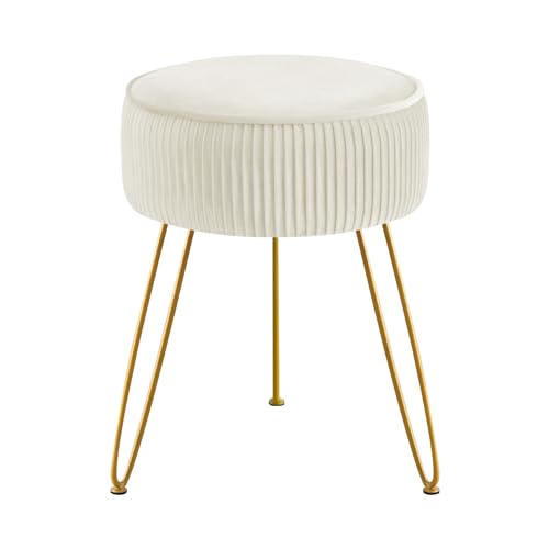 GERANT Multifunctional Vanity Stool,Modern Vanity Stools for Makeup Room,Velvet Round Ottoman Footrest Stool with Metal Legs, Upholstered Pleated Vanity Chair Stool for Living Room,Office(Beige)