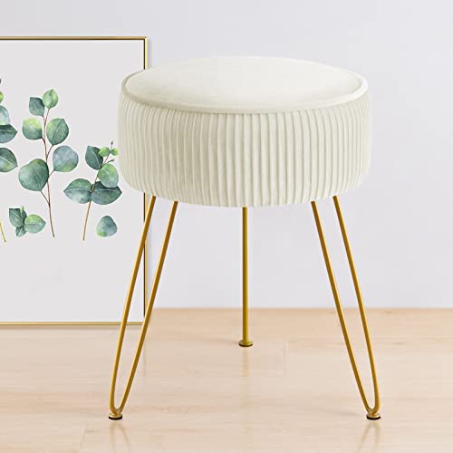 GERANT Multifunctional Vanity Stool,Modern Vanity Stools for Makeup Room,Velvet Round Ottoman Footrest Stool with Metal Legs, Upholstered Pleated Vanity Chair Stool for Living Room,Office(Beige)