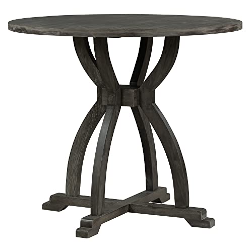 Merax Dining Table Set for 4, Round Solid Wood, with Trestle Legs, High-Back Upholstered Chairs and Stable & Elegant Design, 5 Piece, 42" x 42", Grey