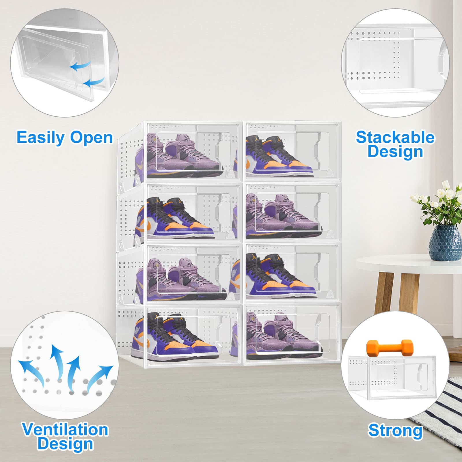 KuMers Clear Shoe Organizer Boxes, 12 Pack Plastic Stackable Shoe Boxes Multifunctional Shoe Storage for Closet Organizers and Storage for Men and Women (Medium)