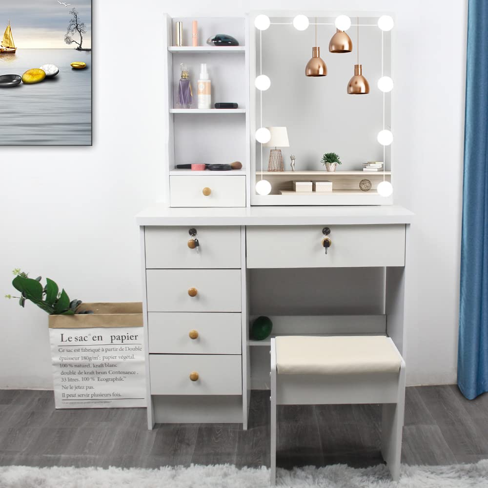 Vanity Set Dressing Table with Lighted Mirror, Modern Storage Makeup Table with 5 Drawers and Stool,White (H1905)