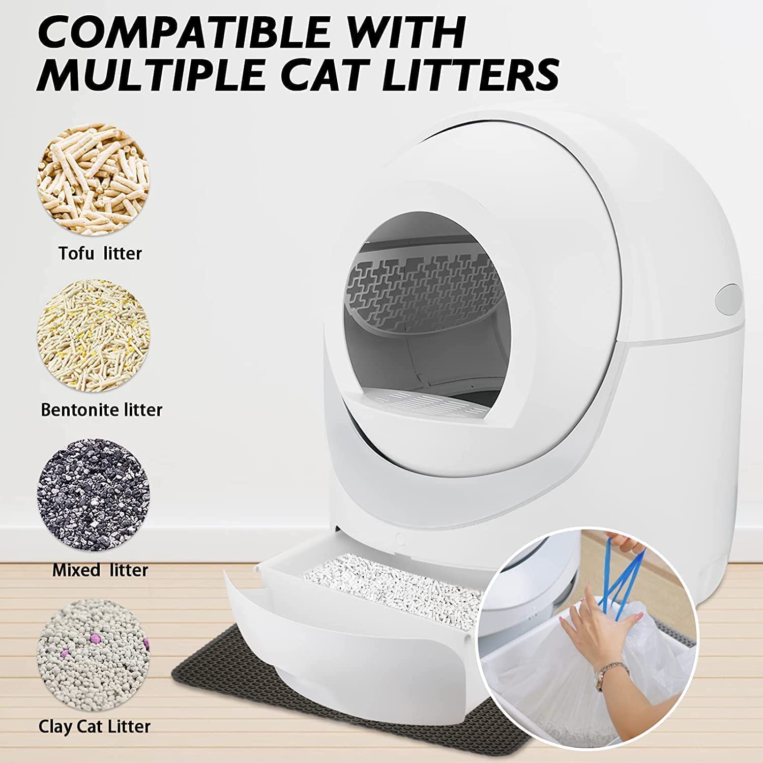 Self-Cleaning Cat Litter Box, Large Automatic Cat Litter Box for Multiple Cats, Cat Robot Litter Box with Cover, APP Control Smart Cat Litter Box with Garbage Bags/Brush, Smart Health Monitor