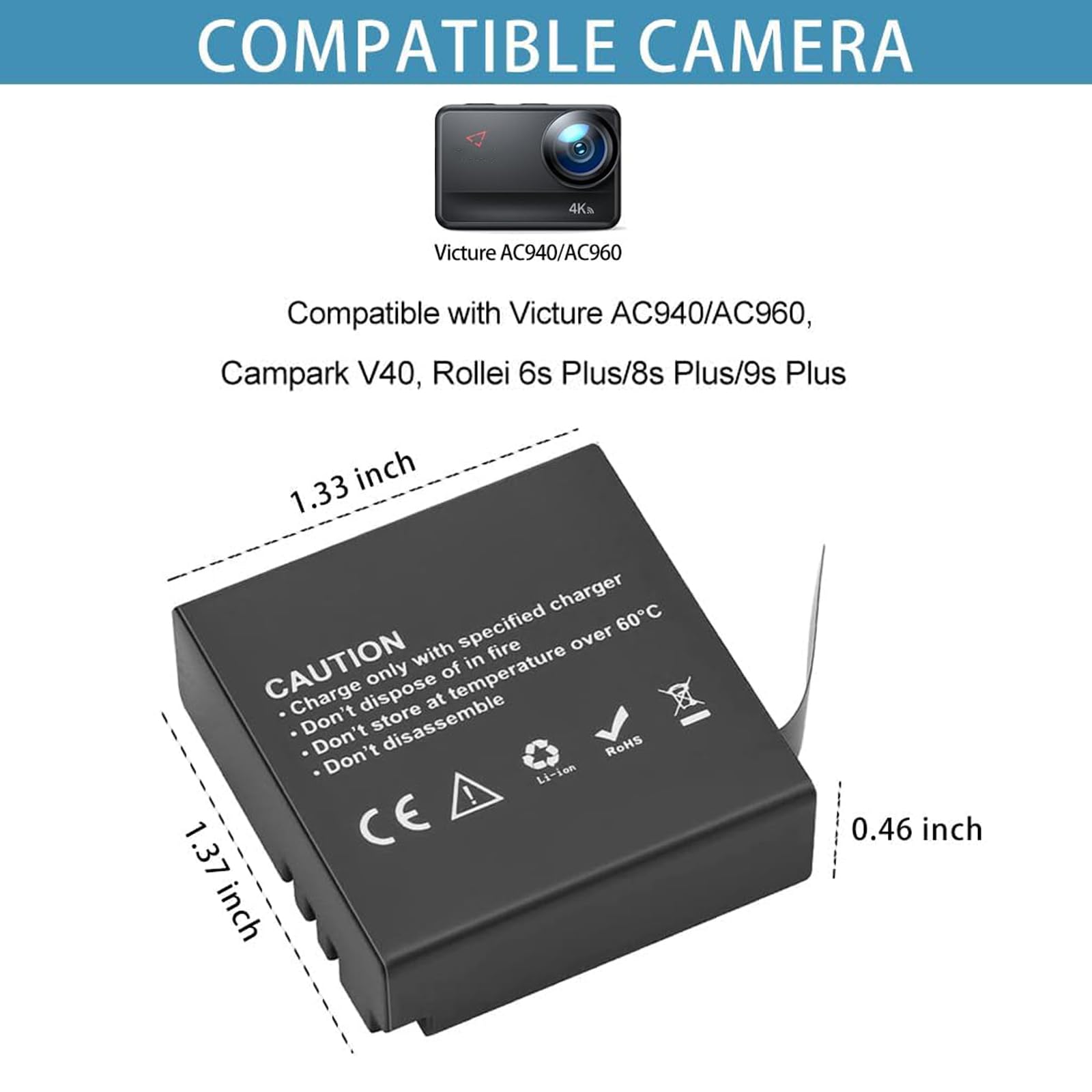 3x1350mAh Action Camera Batteries Rechargeable Compatible with Victure AC940/AC960,Campark V40,PG1350 Replacement Battery with USB Charger
