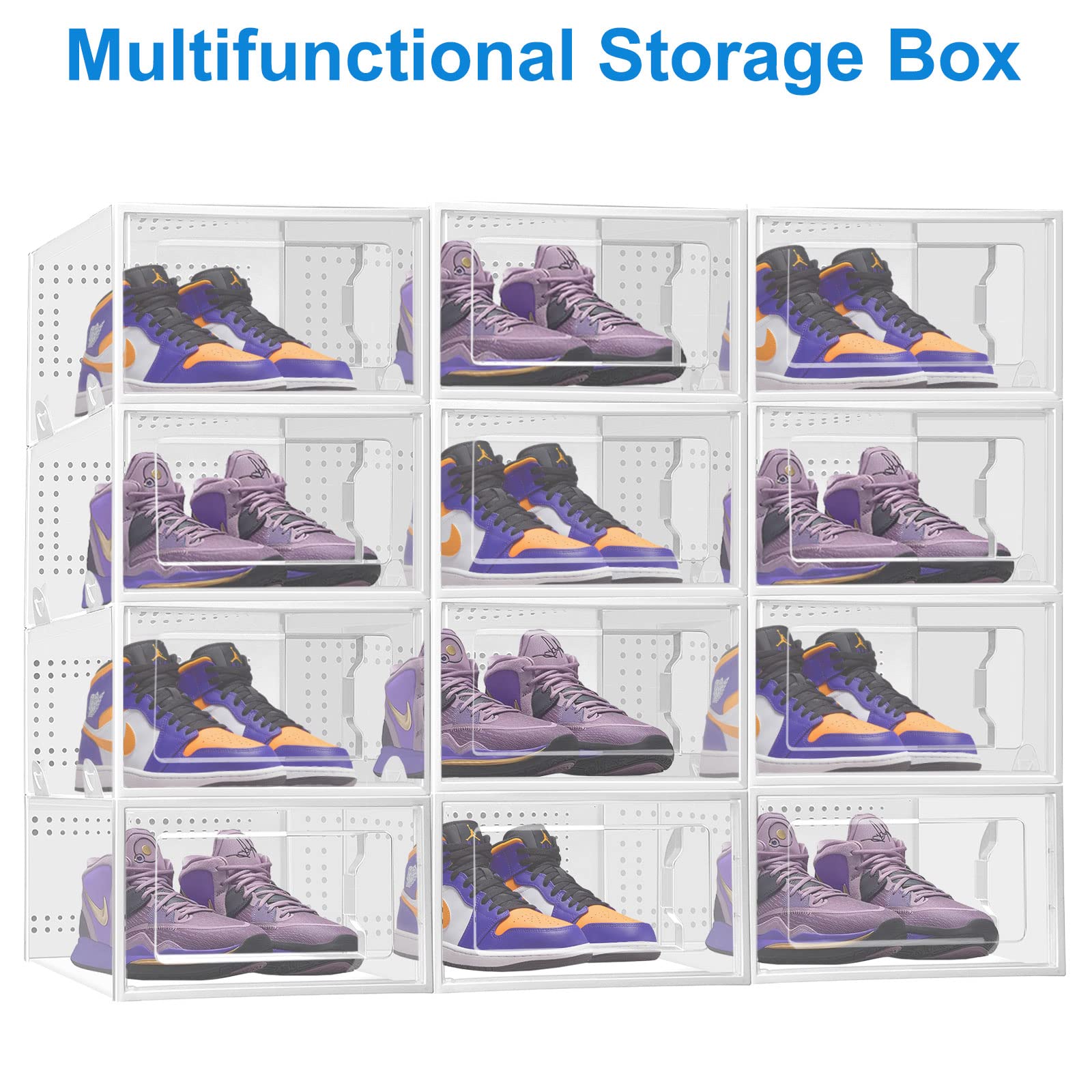 KuMers Clear Shoe Organizer Boxes, 12 Pack Plastic Stackable Shoe Boxes Multifunctional Shoe Storage for Closet Organizers and Storage for Men and Women (Medium)