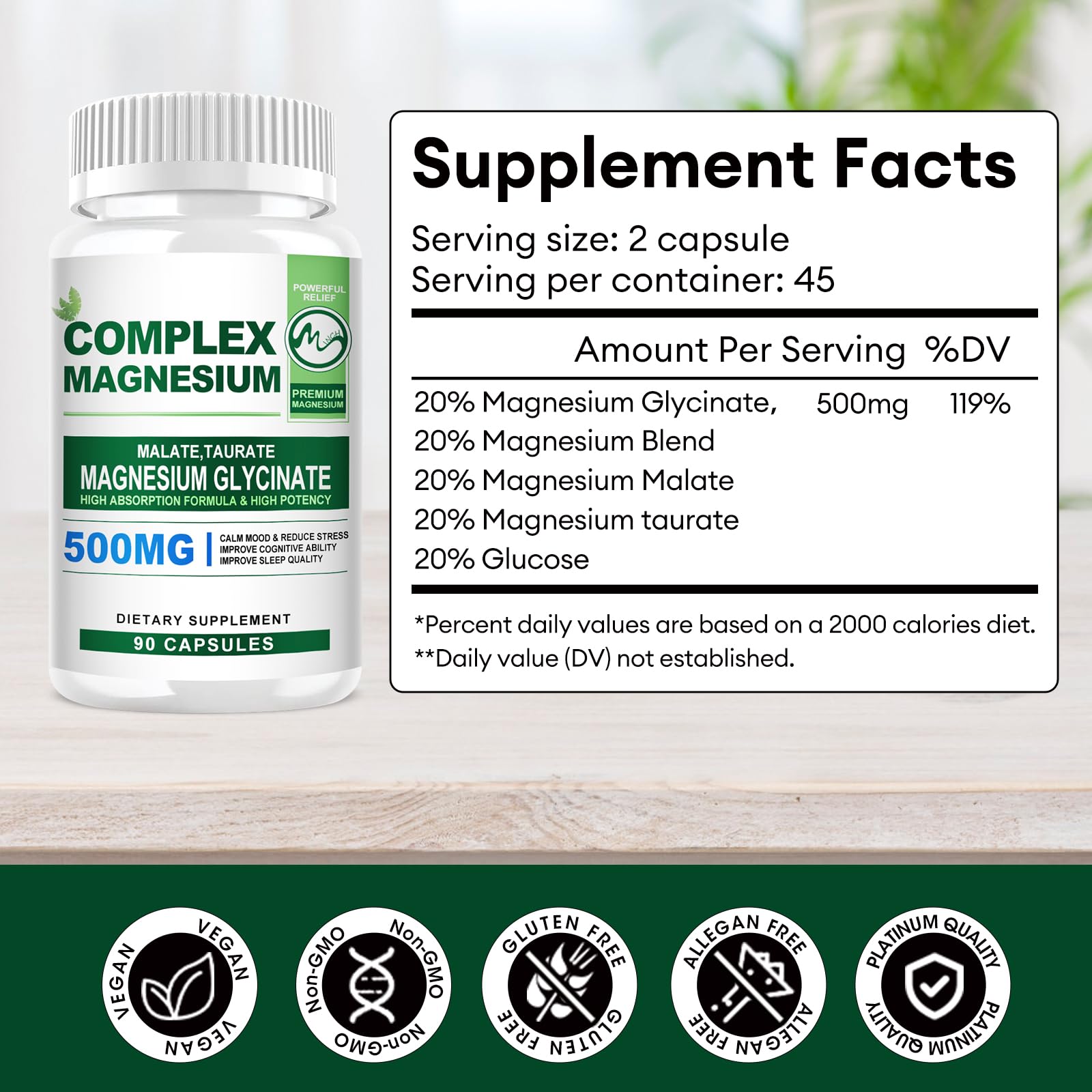 M inch Magnesium Complex Capsules 500MG Blend with Glycinate L-threonate Taurate Malate and Glucose - 90