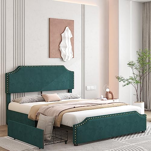 bzbbzc Queen Size Velvet Upholstered Platform Bed Frame with 4 Storage Drawers and Headboard, Rivet Curved Adjustable Headboard/Strong Wooden Slats/Easy Assembly/Green