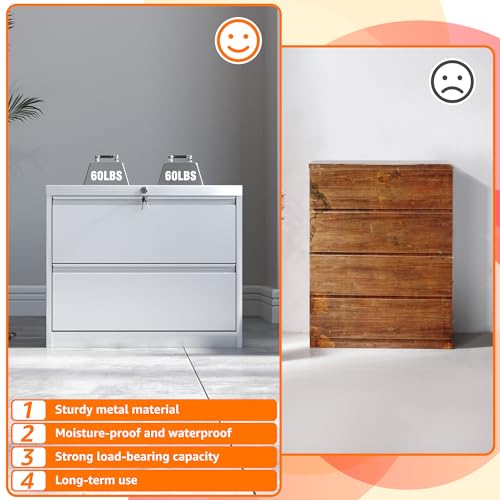METAN Metal Lateral Filing Cabinet with 2 Drawers for Home Office, Locking Steel Wide File Storage Cabinet for Hanging Legal/Letter A4 Size, Assembly Required, White