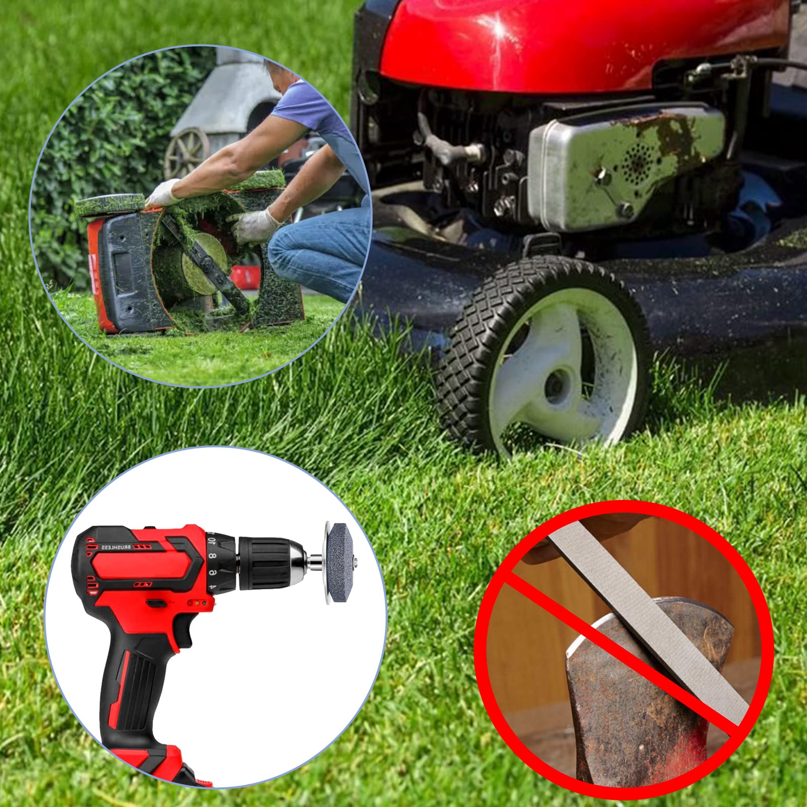cenoz Lawn Mower Blade Sharpener with Steel Backing 5 Pack, 【New】 Lawnmower Dull Blade Sharpener, Universal Multi-Sharp Rotary Lawn Mower Blade Sharpener, and Free Balancer for Any Power Hand Drill