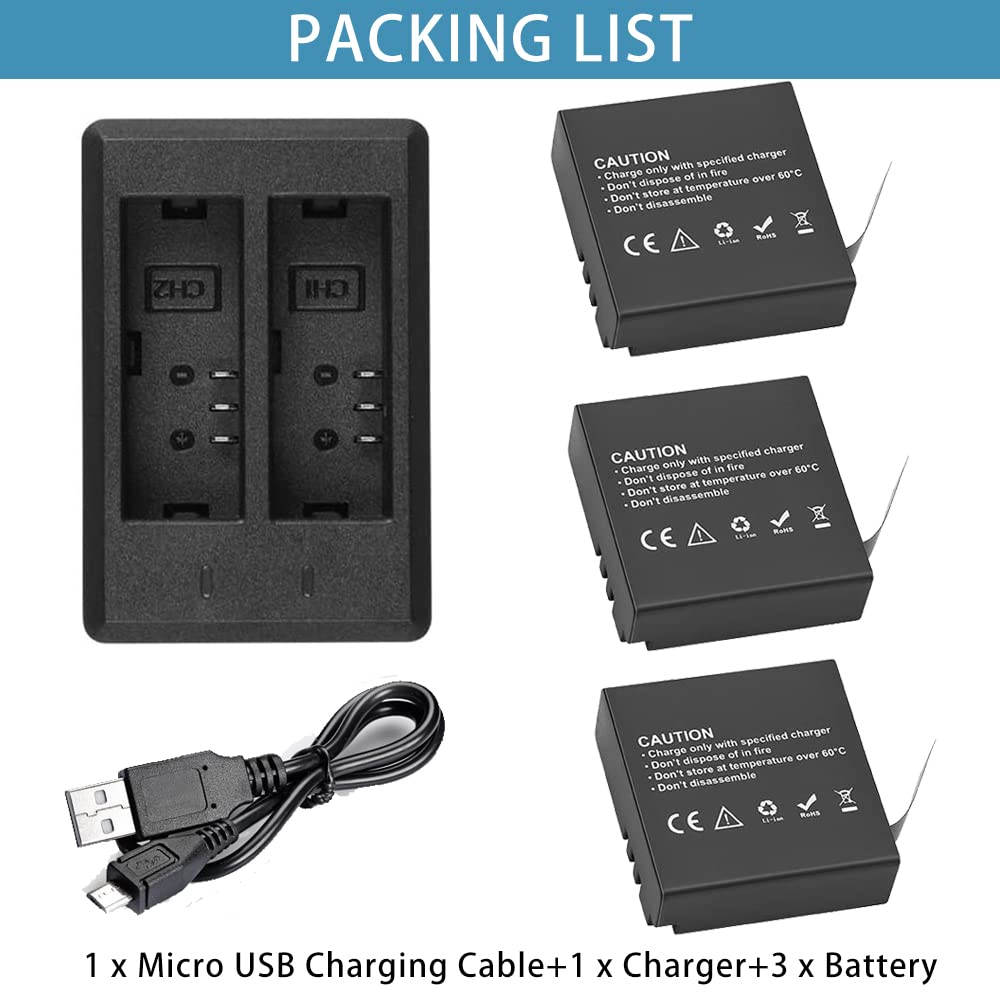 3x1350mAh Action Camera Batteries Rechargeable Compatible with Victure AC940/AC960,Campark V40,PG1350 Replacement Battery with USB Charger