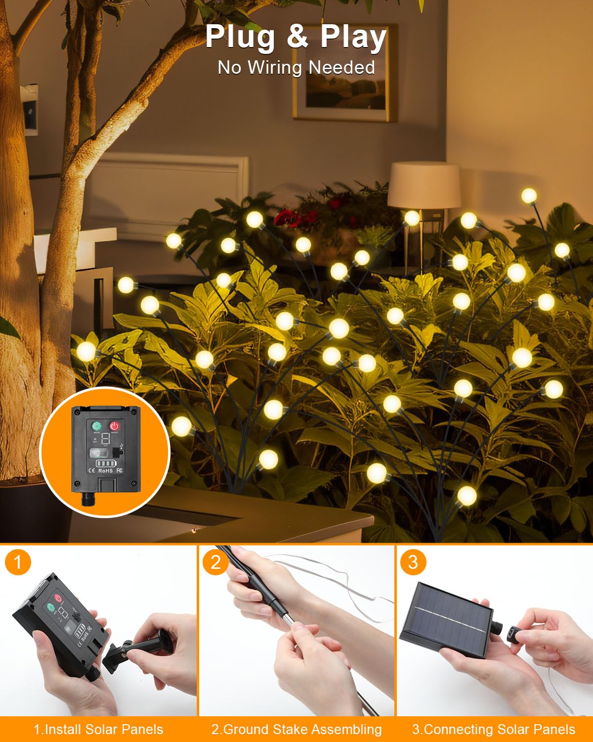 AURPUKAR Solar Garden Firefly Lights - 4 Pack New Upgraded Solar Lights for Outside, 8 Modes Remote Control & Waterproof, Powered Light Outdoor for Yard, Landscape, and Pathway Decorations, Black