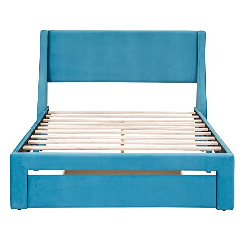 Full Size Platform Bed with a Big Drawer for Bedroom, Velvet Upholstered Storage Bed, No Box Spring Needed, Blue