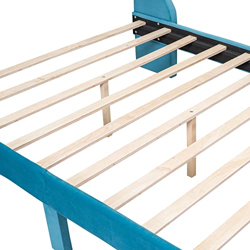 Full Size Platform Bed with a Big Drawer for Bedroom, Velvet Upholstered Storage Bed, No Box Spring Needed, Blue