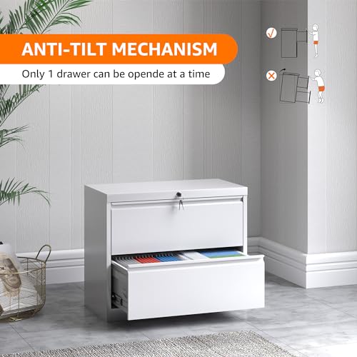 METAN Metal Lateral Filing Cabinet with 2 Drawers for Home Office, Locking Steel Wide File Storage Cabinet for Hanging Legal/Letter A4 Size, Assembly Required, White