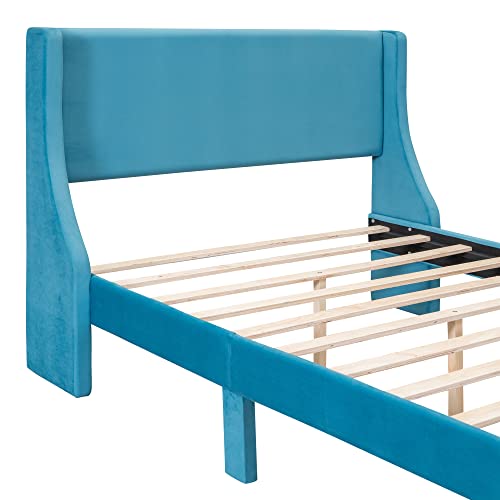 Full Size Platform Bed with a Big Drawer for Bedroom, Velvet Upholstered Storage Bed, No Box Spring Needed, Blue