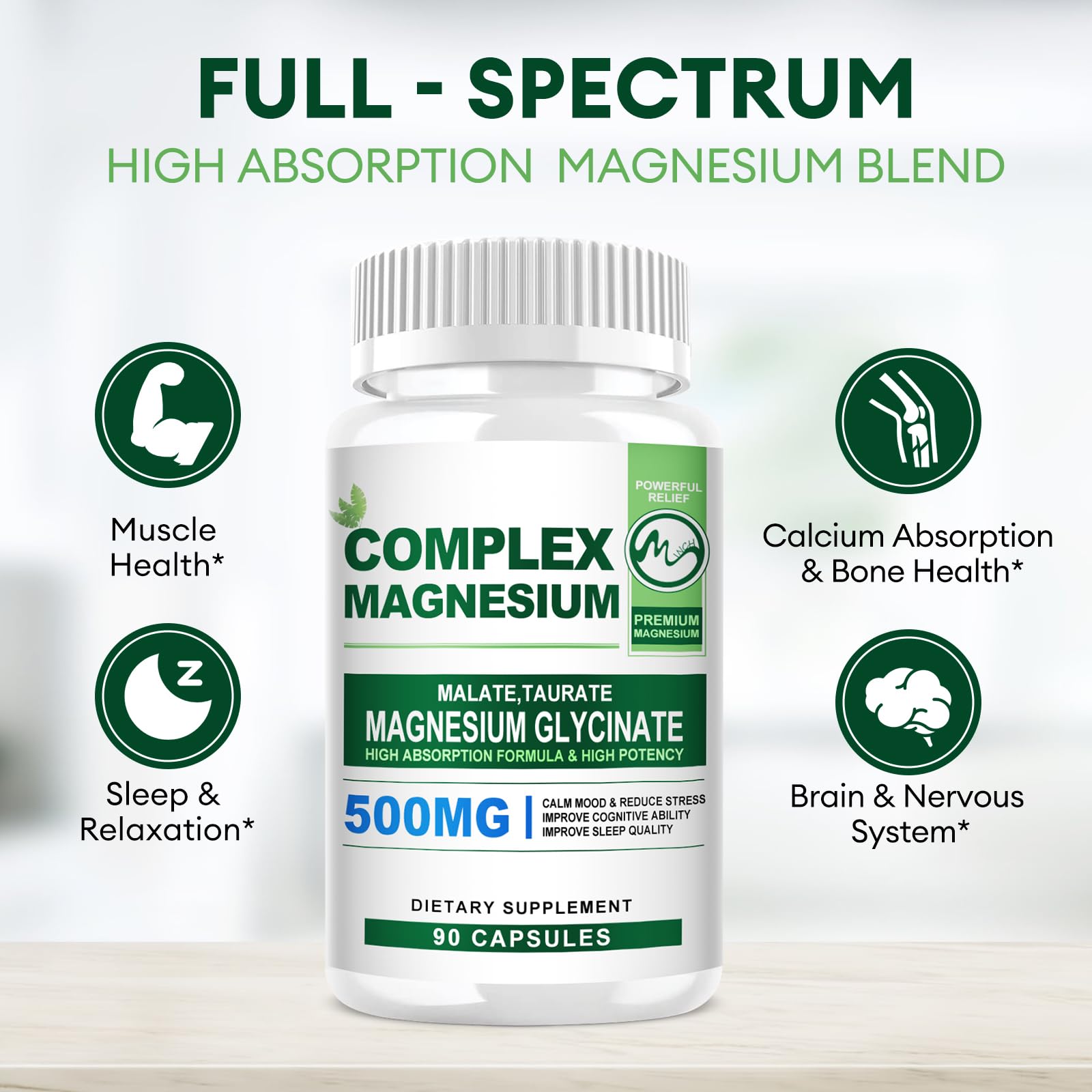 M inch Magnesium Complex Capsules 500MG Blend with Glycinate L-threonate Taurate Malate and Glucose - 90
