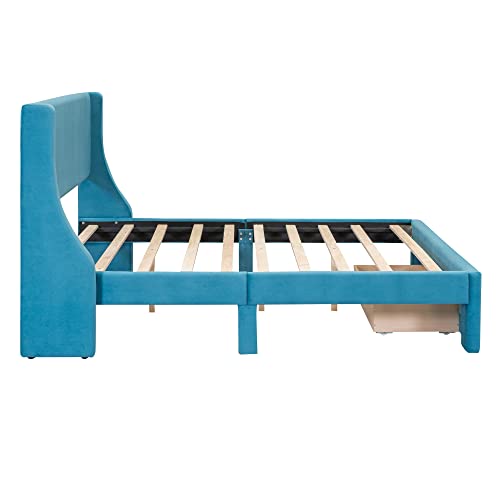Full Size Platform Bed with a Big Drawer for Bedroom, Velvet Upholstered Storage Bed, No Box Spring Needed, Blue