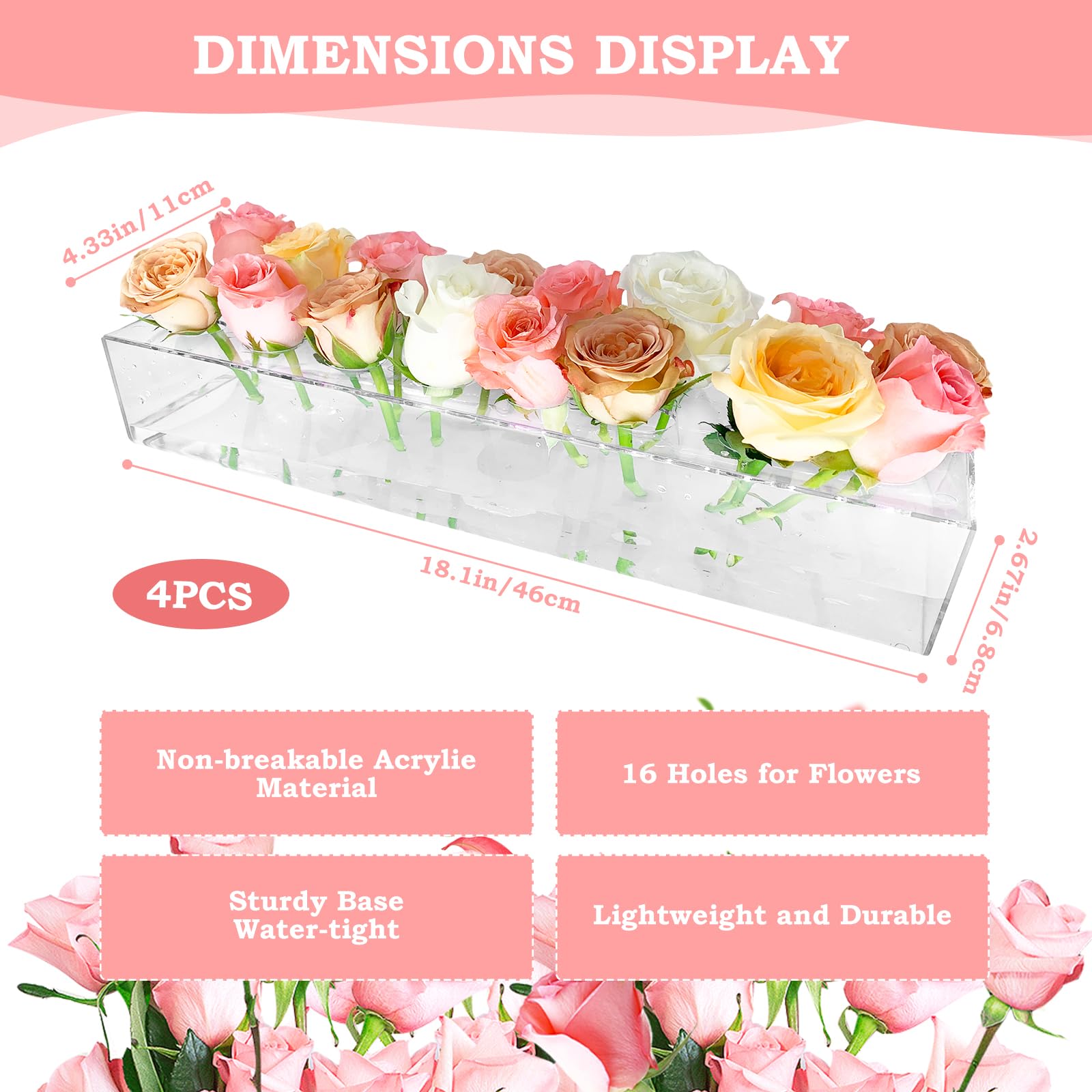 4Pcs Acrylic Flower Vase with 16 Holes,(15.8*4*2.4inch)Decorative Long Clear Vase Modern,Rectangular Acrylic Vases for Wedding Centerpiece Votives Box for Dining Table Reception Home Party Decorations