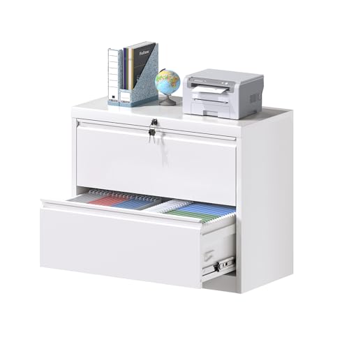 METAN Metal Lateral Filing Cabinet with 2 Drawers for Home Office, Locking Steel Wide File Storage Cabinet for Hanging Legal/Letter A4 Size, Assembly Required, White