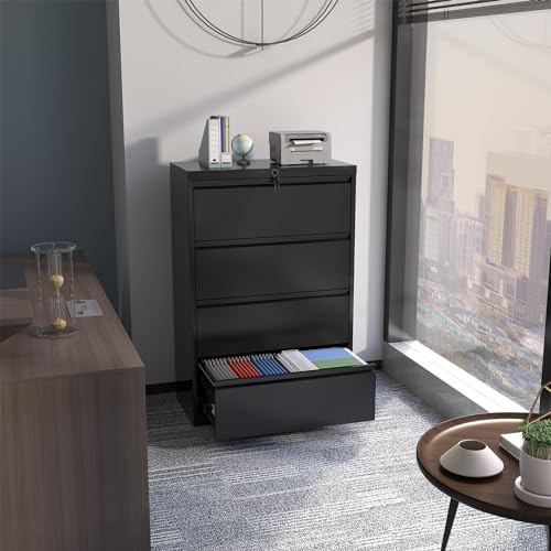 METAN Lateral 4 Drawer File Cabinet, Locking Metal File Cabinet for Home Office, Steel Lateral File Cabinet for Letter Legal Size, Assembly Required, Black