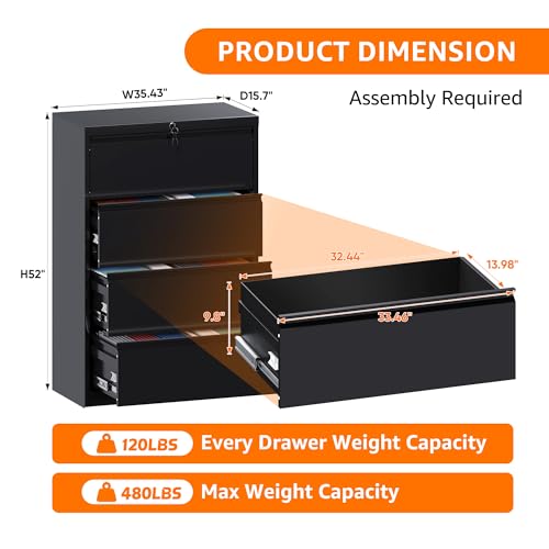 METAN Lateral 4 Drawer File Cabinet, Locking Metal File Cabinet for Home Office, Steel Lateral File Cabinet for Letter Legal Size, Assembly Required, Black