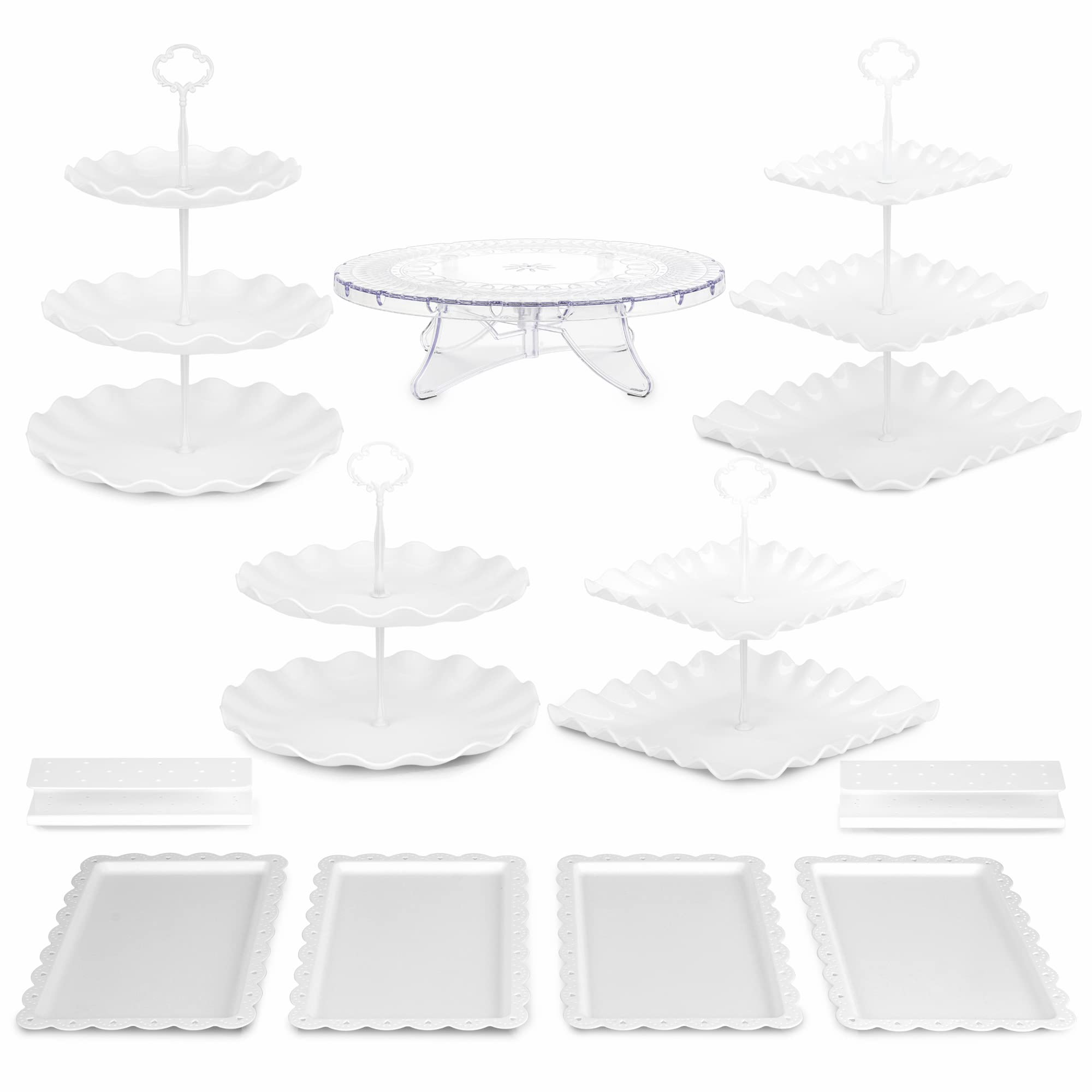 Pack of 11 NWK Dessert Stand Set, 12inch Cake Stand + 2X Large 2-Tier Cupcake Stands + 2X Large 3-Tier Cupcake Stands + 4 x Appetizer Trays +2 x Cake Pop