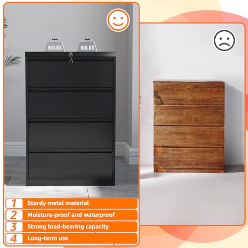 METAN Lateral 4 Drawer File Cabinet, Locking Metal File Cabinet for Home Office, Steel Lateral File Cabinet for Letter Legal Size, Assembly Required, Black