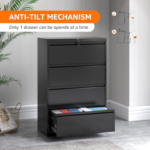 METAN Lateral 4 Drawer File Cabinet, Locking Metal File Cabinet for Home Office, Steel Lateral File Cabinet for Letter Legal Size, Assembly Required, Black
