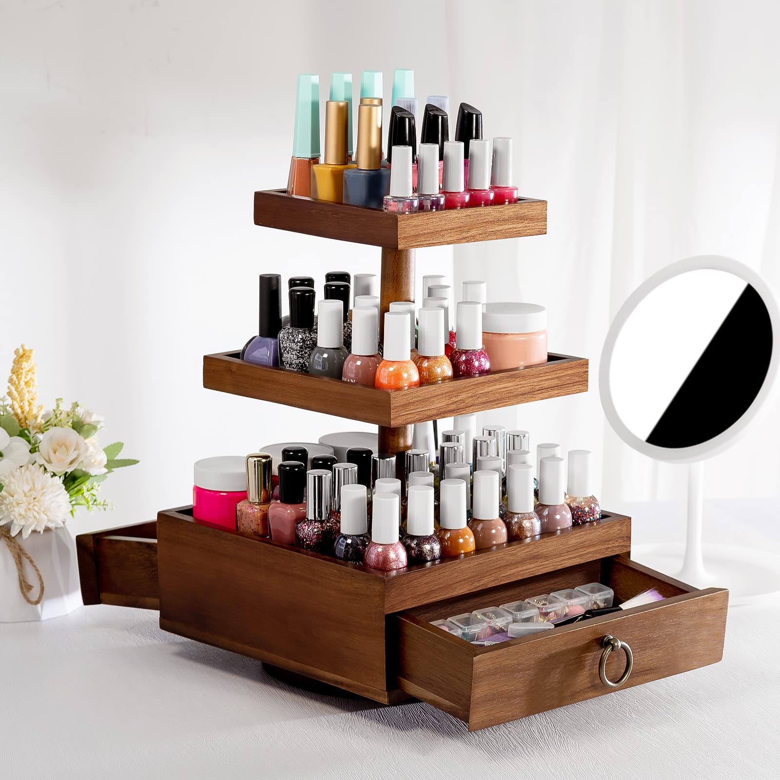 GAINWELL Nail Polish Organizer, Rotating Nail Polish Holder - Acacia Material, Nail Polish Rack with 3 Tier Display Rack and Dual Drawers, Holds up to 150 Nail Polish Bottles, Brown (US-GW-3051)