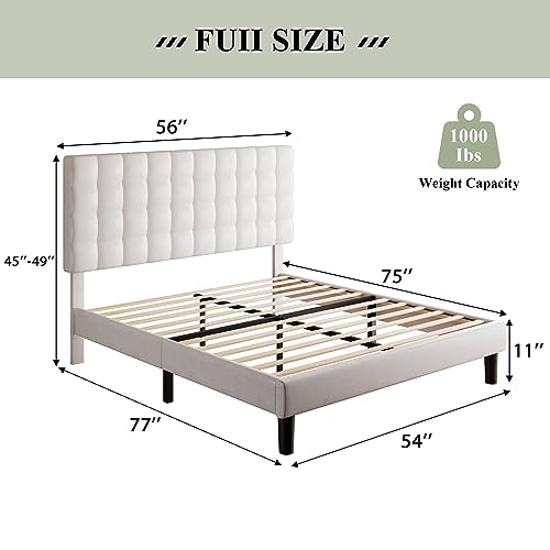 Feonase Full Size Bed Frame with Square Stitched Headboard, Faux Leather Upholstered Platform Bed Frame, High-Density Sponge Filled, Solid Wood Slats, No Box Spring Needed, Noise-Free, White