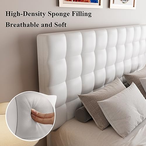 Feonase Full Size Bed Frame with Square Stitched Headboard, Faux Leather Upholstered Platform Bed Frame, High-Density Sponge Filled, Solid Wood Slats, No Box Spring Needed, Noise-Free, White