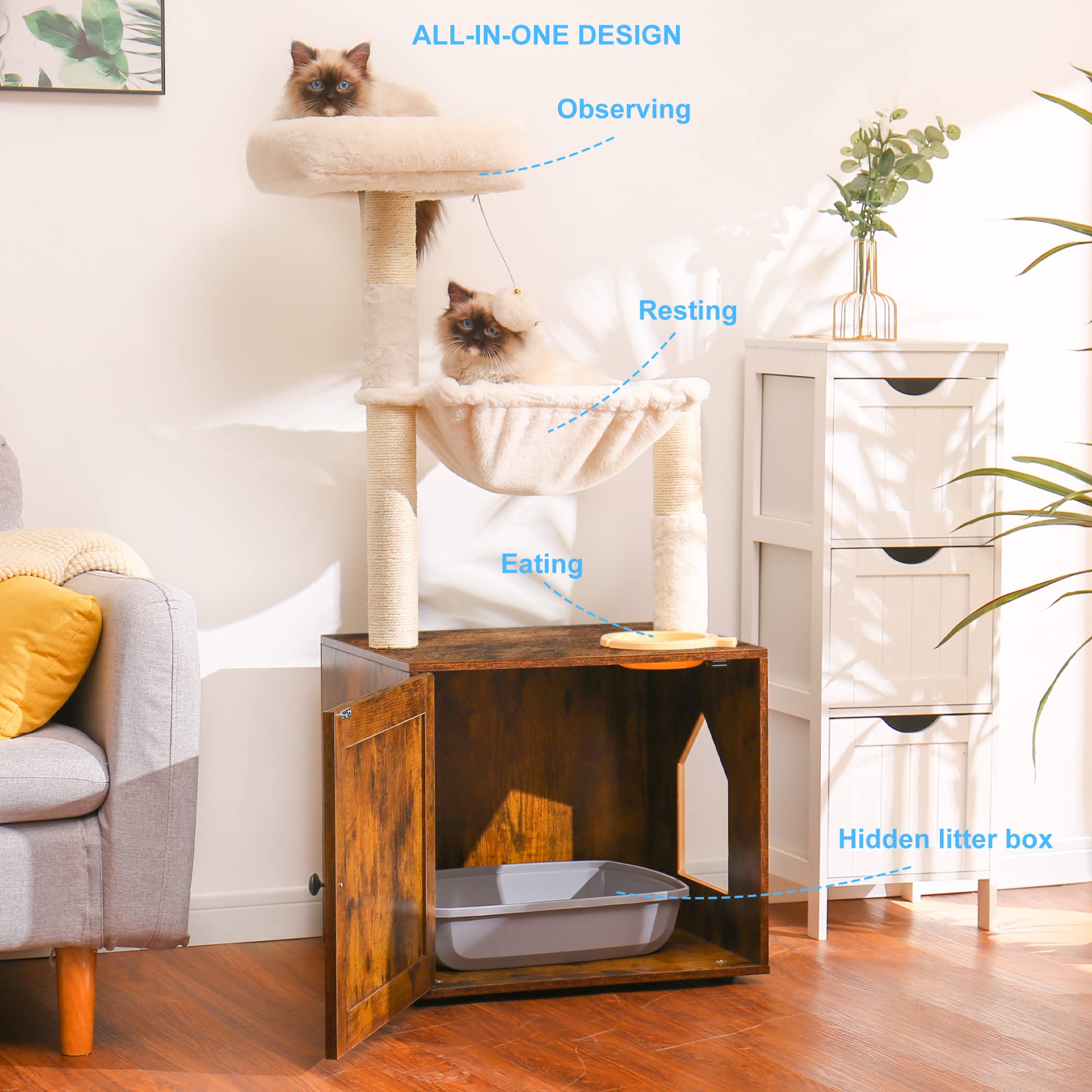 Hey-brother Cat Tree with Litter Box Enclosure, All-in-one Cat Tower for Indoor Cats with Large Hammock, Bed, Food Station, Scratching Posts, Modern Style Pet Furniture, Rustic Brown MPJ100SR