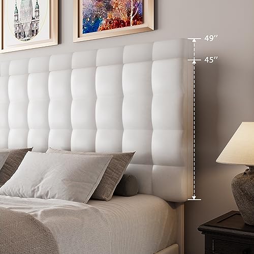 Feonase Full Size Bed Frame with Square Stitched Headboard, Faux Leather Upholstered Platform Bed Frame, High-Density Sponge Filled, Solid Wood Slats, No Box Spring Needed, Noise-Free, White