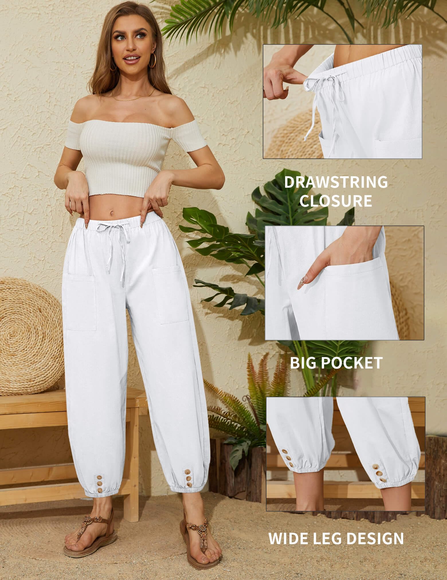 Women Capri Pants Casual Baggy Drawstring Elastic High Waist Wide Leg Cropped Pants Trousers with Pockets Summer White