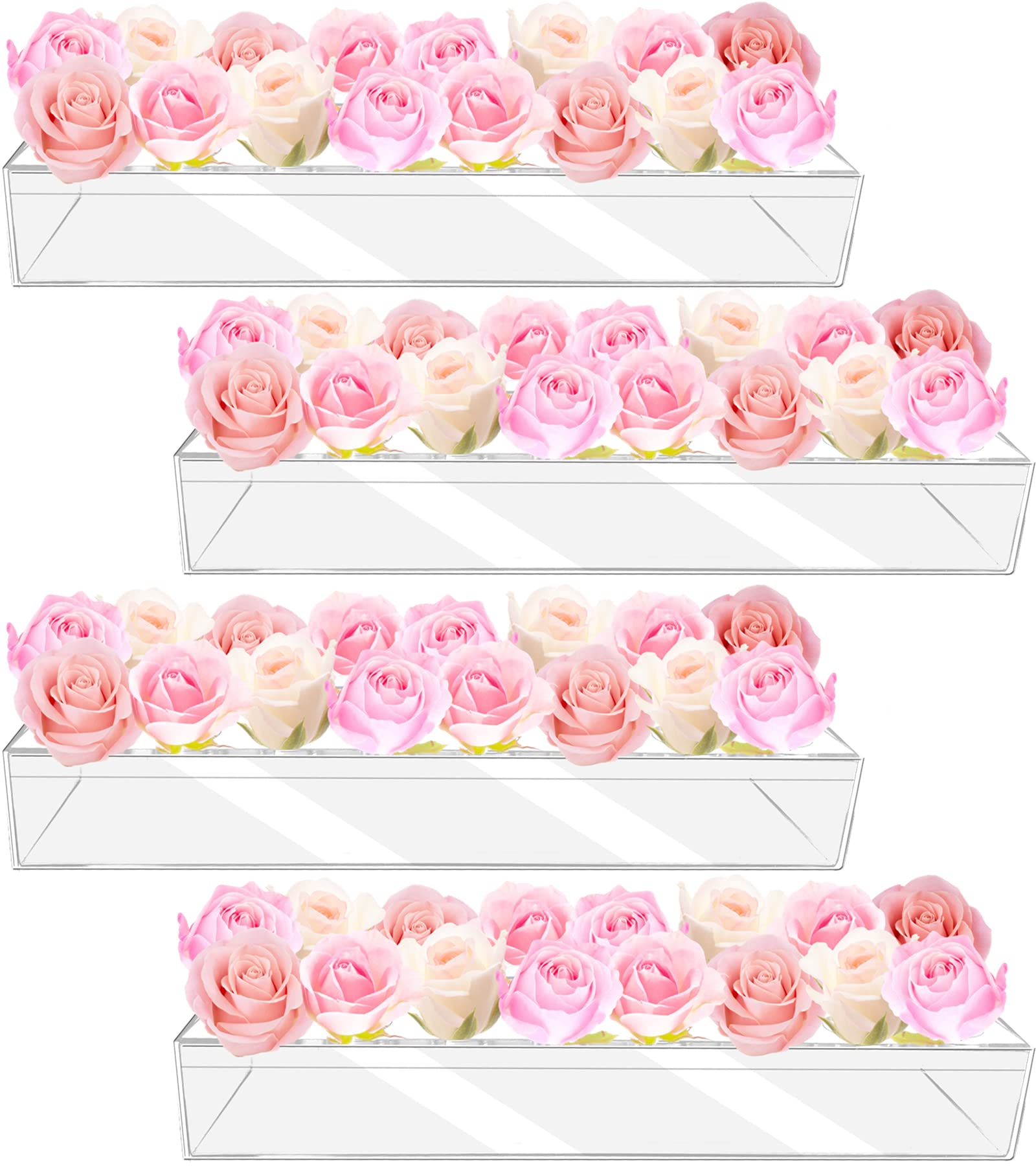 4Pcs Acrylic Flower Vase with 16 Holes,(15.8*4*2.4inch)Decorative Long Clear Vase Modern,Rectangular Acrylic Vases for Wedding Centerpiece Votives Box for Dining Table Reception Home Party Decorations