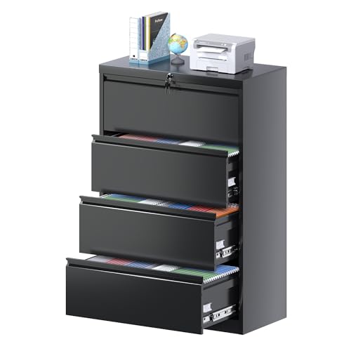 METAN Lateral 4 Drawer File Cabinet, Locking Metal File Cabinet for Home Office, Steel Lateral File Cabinet for Letter Legal Size, Assembly Required, Black