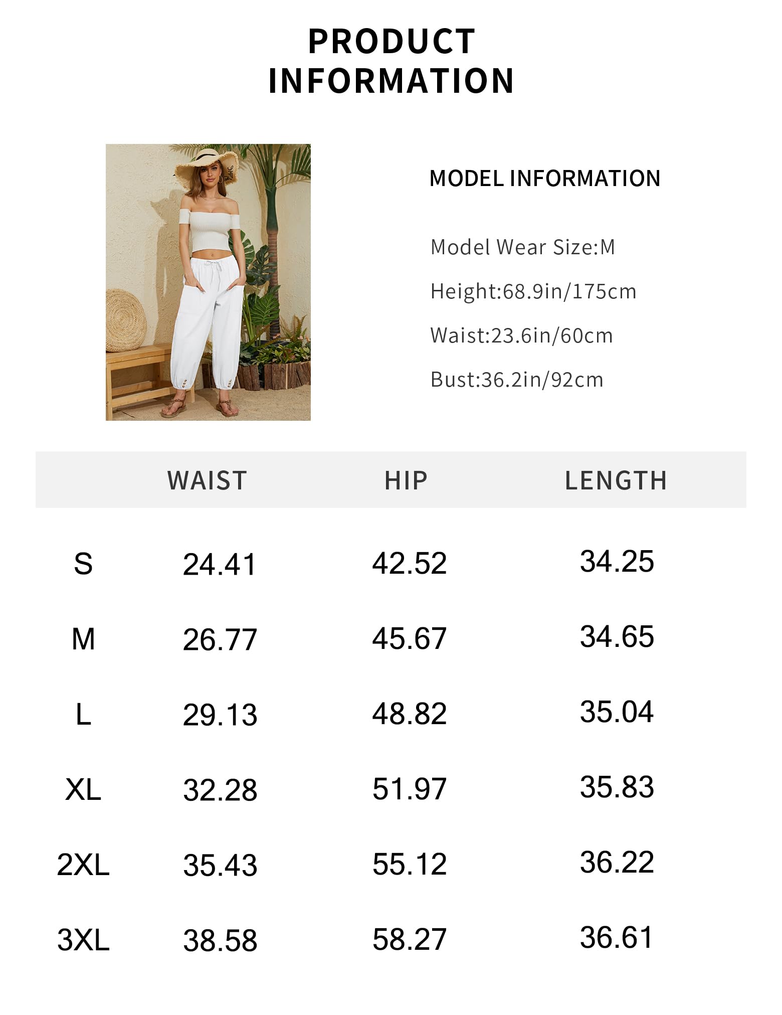 Women Capri Pants Casual Baggy Drawstring Elastic High Waist Wide Leg Cropped Pants Trousers with Pockets Summer White