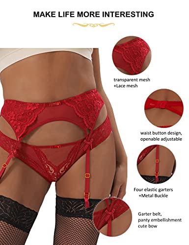 ohmydear Plus Size Lace Garter Belts Mesh Suspender Belt Set with 4 Straps Metal Clip for Thigh High Stockings Red XS-S