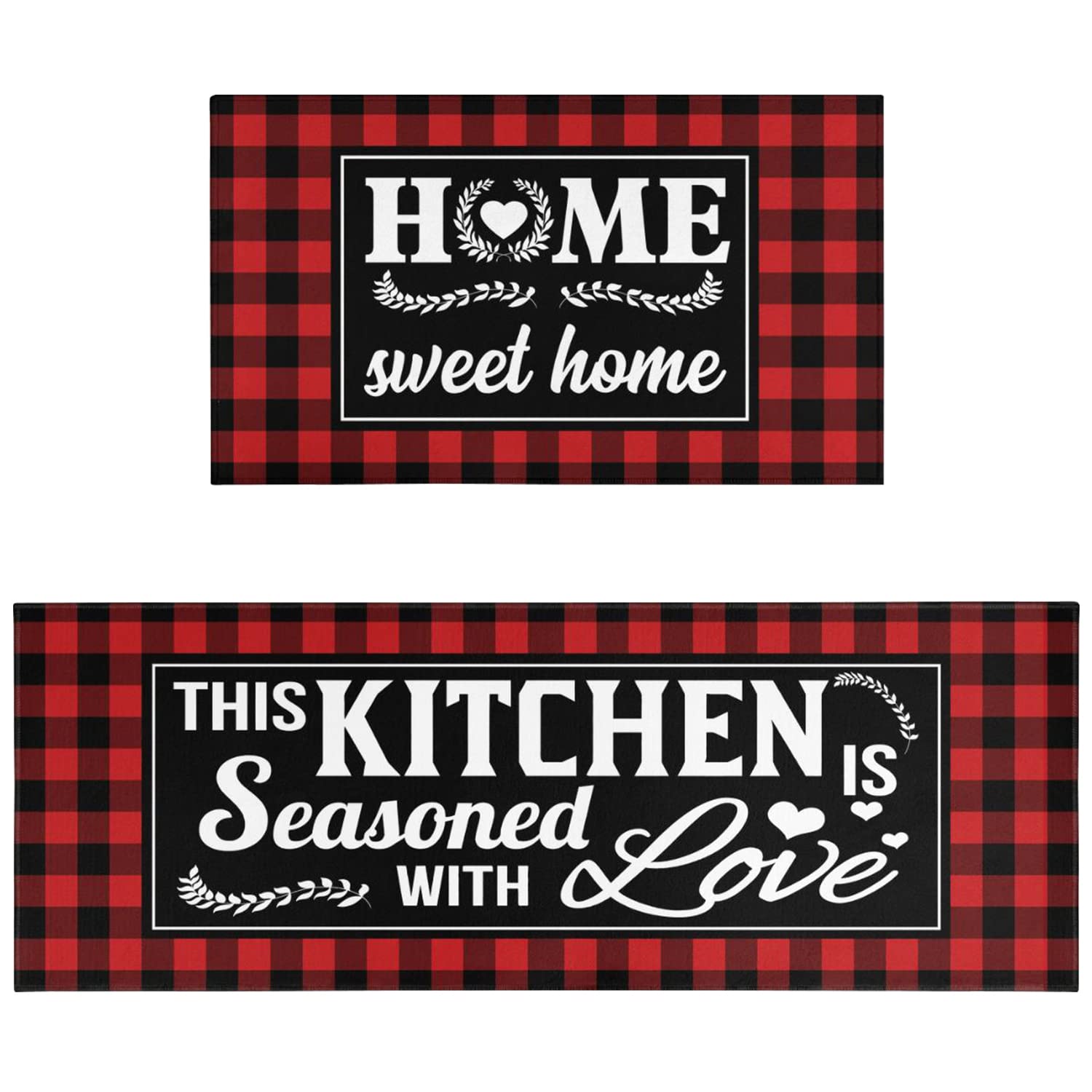 Ideasonna Red Buffalo Plaid Kitchen Rugs Sets of 2 Decor Non-Slip Washable Red Kitchen Mats for Floor 2 Piece