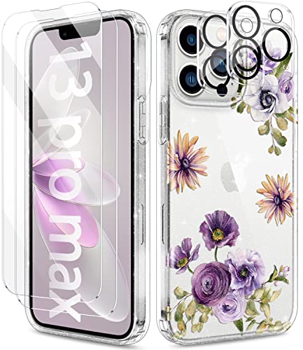 Lamcase iPhone 13 Pro Max Floral Case - 2 Screen + 2 Camera Protectors, Clear Bling Sparkly Hard PC, Slim, Drop & Shockproof