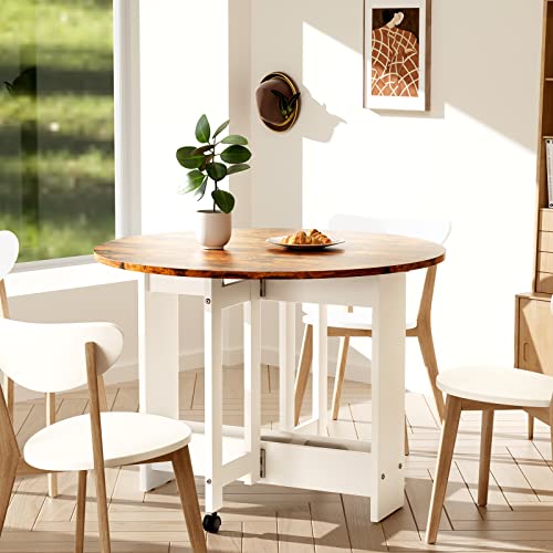 Kasshom Folding Dining Table Upgrade Version, Convertible Drop Leaf Table for Kitchen/Farmhouse/Living Room, Space Saving Dining Room Table with 2 Layer Storage Racks, Rustic Brown