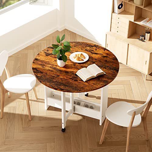 Kasshom Folding Dining Table Upgrade Version, Convertible Drop Leaf Table for Kitchen/Farmhouse/Living Room, Space Saving Dining Room Table with 2 Layer Storage Racks, Rustic Brown