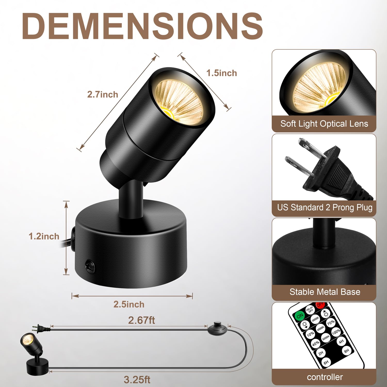 FZWLE 2 Pack Dimmable Indoor Spot Lights with Timer & Remote, 3W LED Up Lights, 3000K/4000K/5000K Adjustable, Ideal Indoor Accent & Plant Spotlight