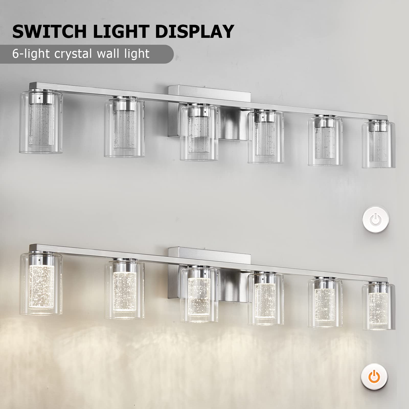 SADENICEL 6 Light Brushed Nickel Bathroom Light Fixtures, LED Vanity Lights Crystal White/Neutral/Warm Bathroom Lights Over Mirror for Bathroom, Bedroom,Living Room (6 Light)