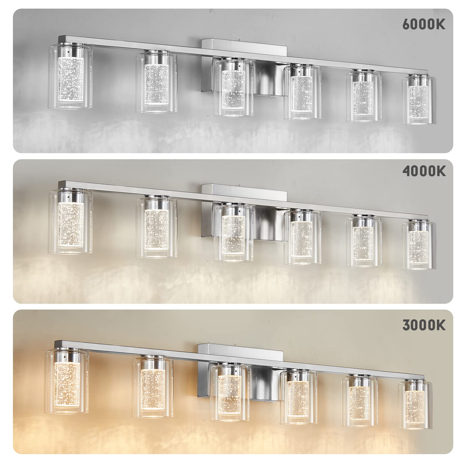 SADENICEL 6 Light Brushed Nickel Bathroom Light Fixtures, LED Vanity Lights Crystal White/Neutral/Warm Bathroom Lights Over Mirror for Bathroom, Bedroom,Living Room (6 Light)