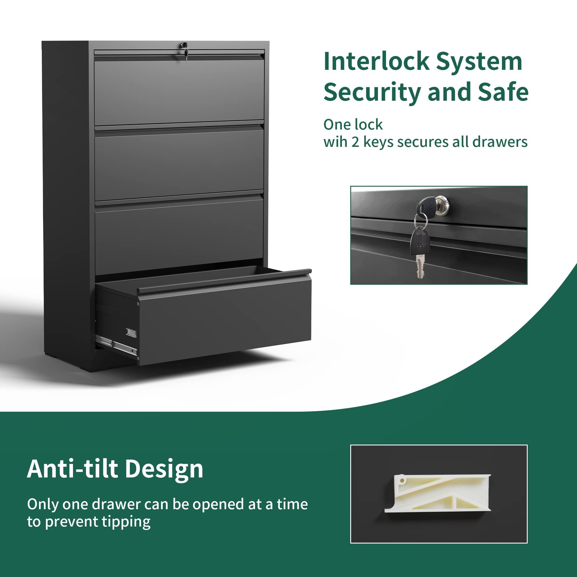 Yukimo Lateral File Cabinet with Lock, Metal File Cabinets for Home Office Legal/Letter A4 Size, File Cabinet with 4 Drawer Storage Cabinet, Black