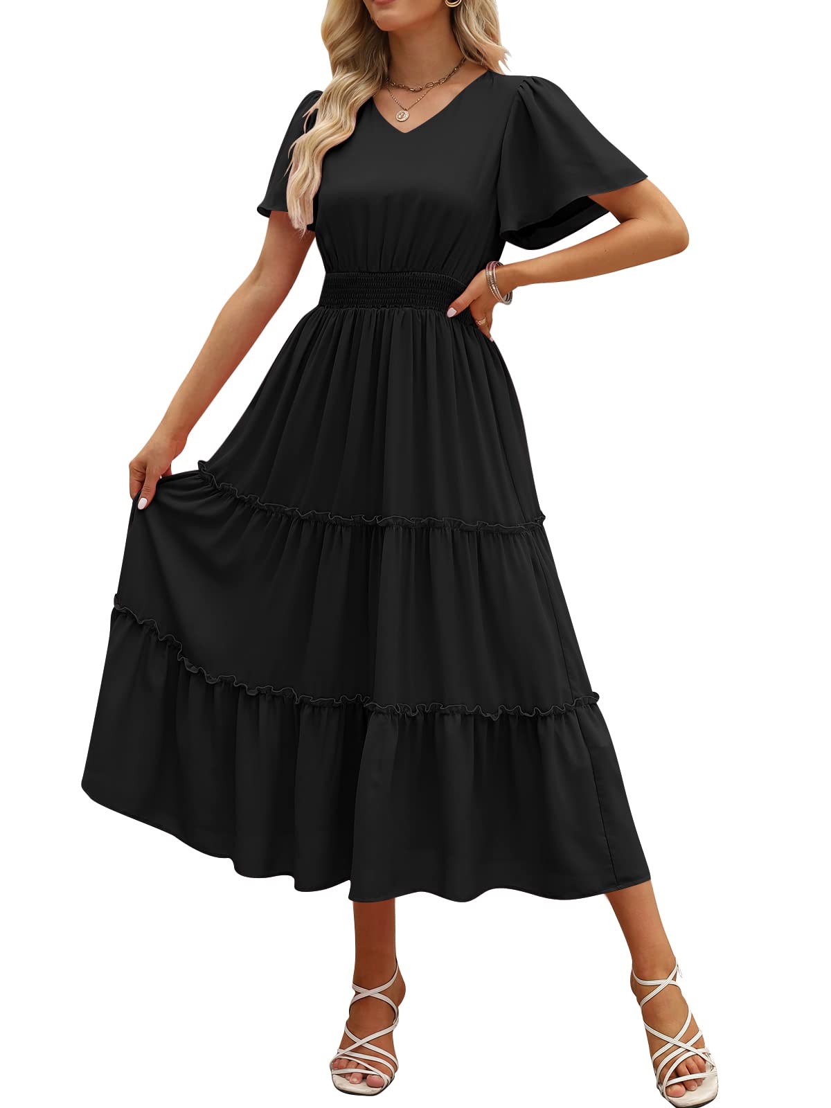 LILLUSORY Womens Cute Pleated Cotton Fancy Midi Dresses 2023 Summer Little Black Ladies Elegant Linen Curvy Short Ruffle Sleeves Flowy Tiered Long Maxi Dress