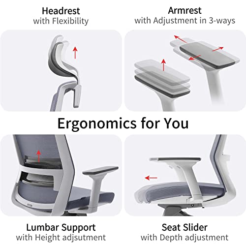 BESTUHL J17 Home Office Desk Chair - Ergonomic, High Back, 3 Lockable Recline Positions, 3-Way Armrest, Adjustable Seat Depth & Lumbar Support, Breathable Mesh Back (White and Grey)
