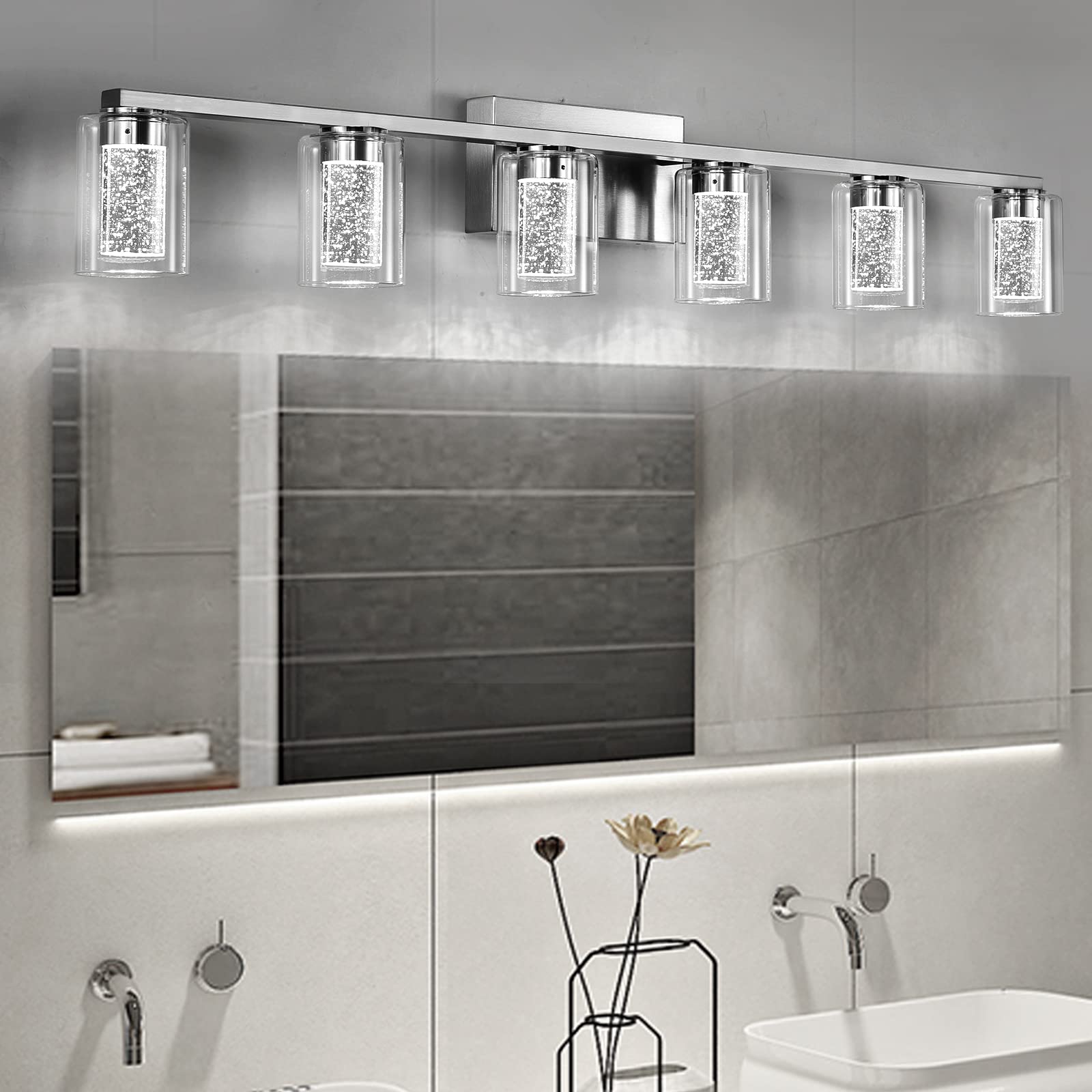 SADENICEL 6 Light Brushed Nickel Bathroom Light Fixtures, LED Vanity Lights Crystal White/Neutral/Warm Bathroom Lights Over Mirror for Bathroom, Bedroom,Living Room (6 Light)